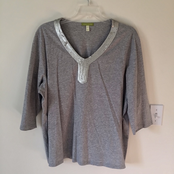 Sigrid Olsen | Tops | Sigrid Olsen Grey Cotton Tunic Embellished Neck ...